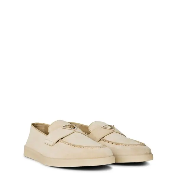 Prada Suede Loafers With Metal Triangle Logo - Desert-colored