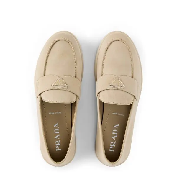 Prada Suede Loafers With Metal Triangle Logo - Desert-colored