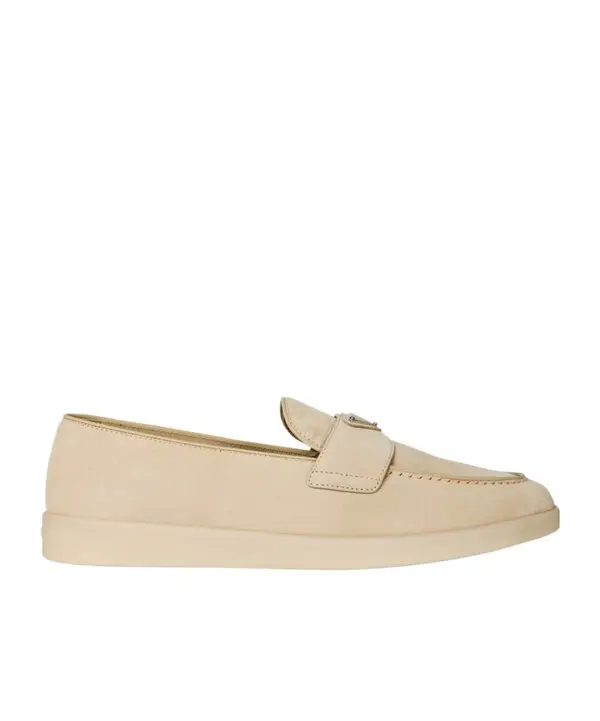 Prada Suede Loafers With Metal Triangle Logo - Desert