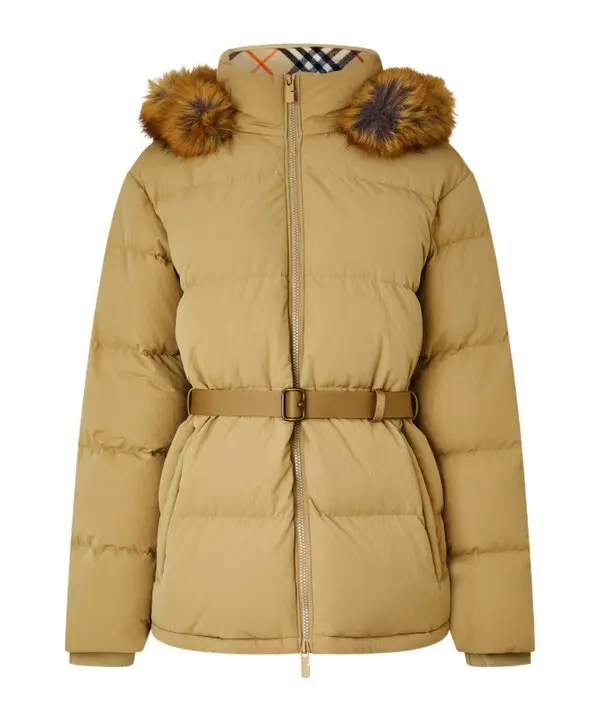 Burberry Quilted Down Hooded Jacket With Detachable Belt