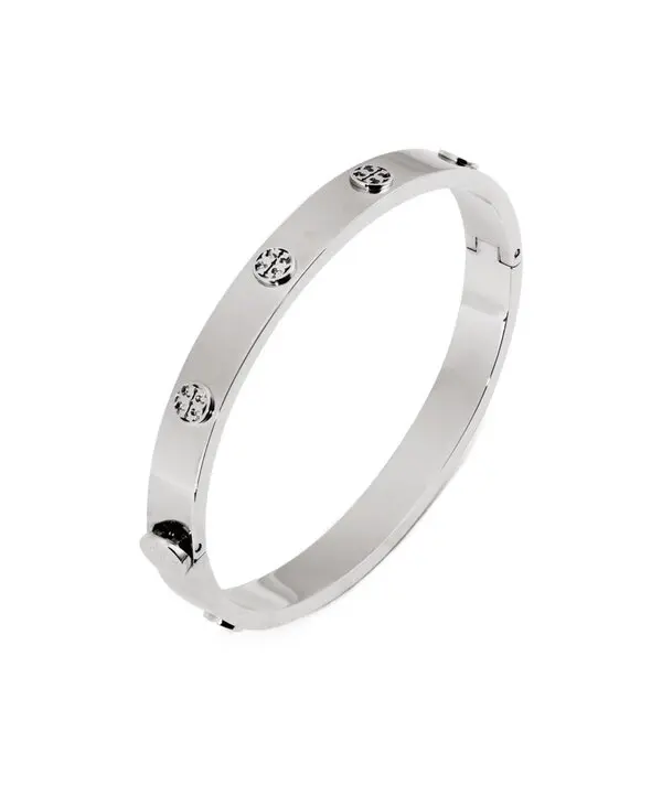 Tory Burch Silver-tone Engraved Slim Hinged Bangle - White
