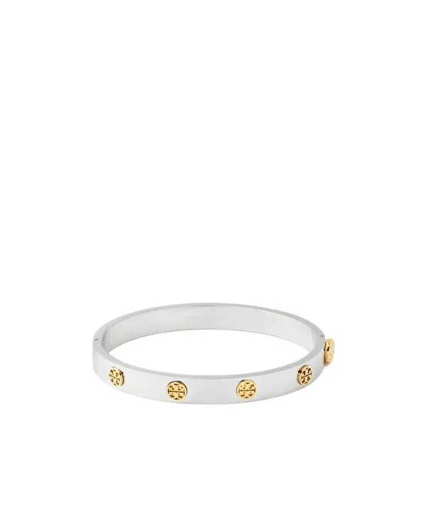 Tory Burch Two-tone Logo Motif Hinged Bangle - White