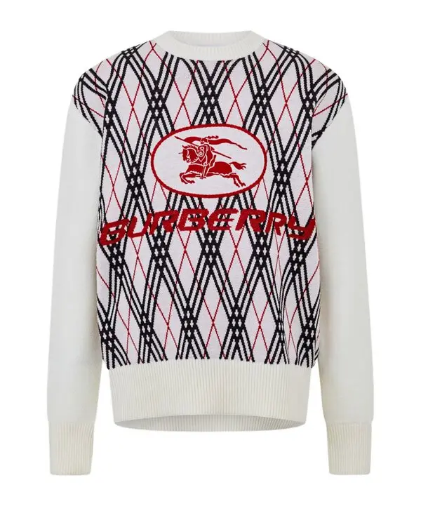 Burberry Checked Knit Long Sleeve Sweater - White