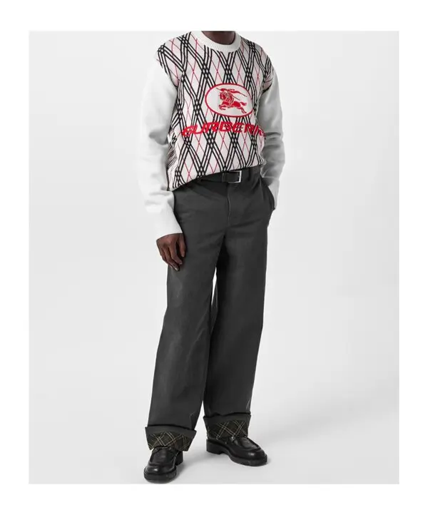 Burberry Checked Knit Long Sleeve Sweater - White