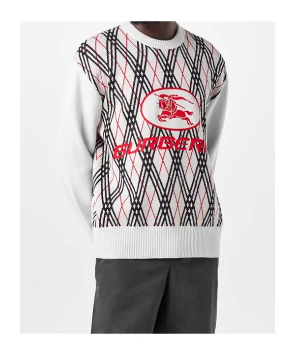 Burberry Checked Knit Long Sleeve Sweater - White