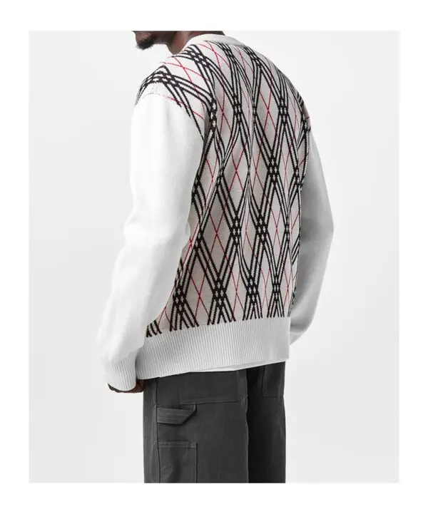 Burberry Checked Knit Long Sleeve Sweater - White