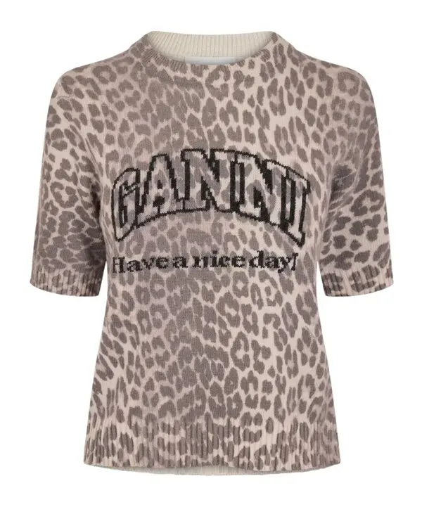 GANNI Leopard Print Crew Neck Short Sleeve Sweater - Nude