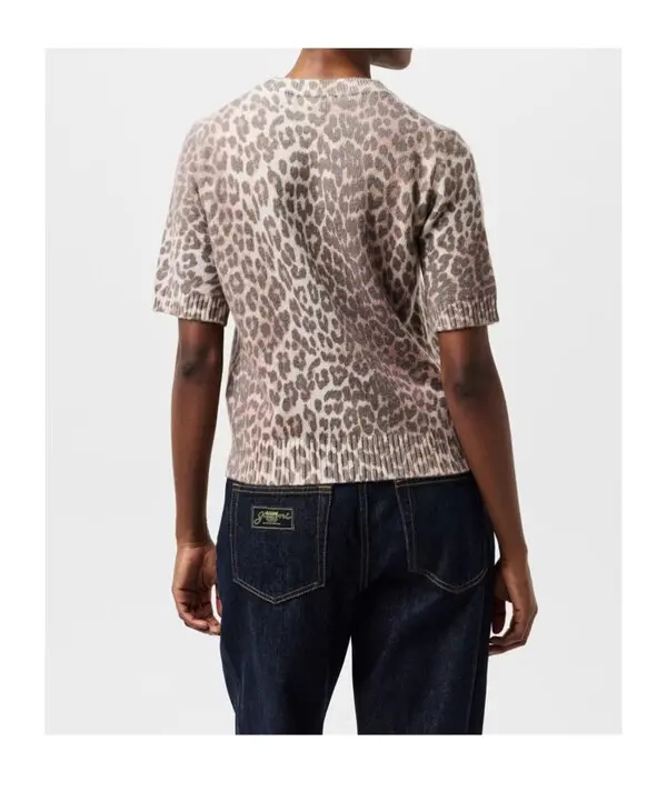 GANNI Leopard Print Crew Neck Short Sleeve Sweater - Nude