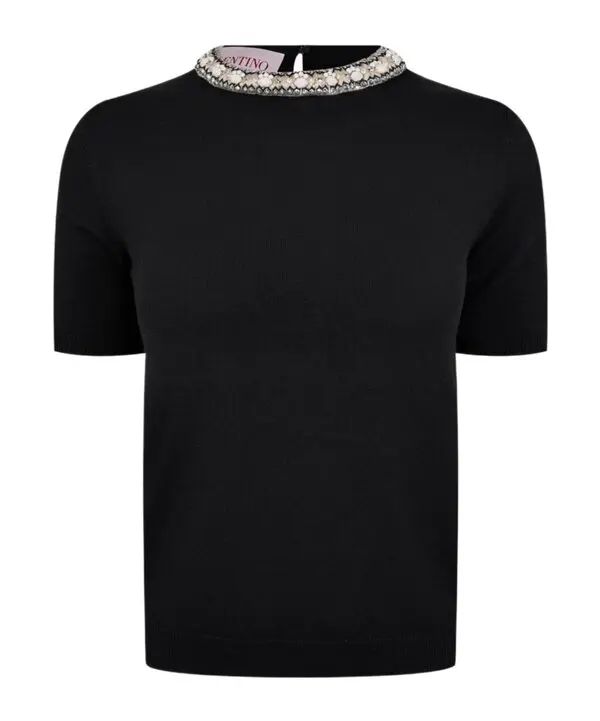 Valentino Garavani Short-sleeved Knit Sweater With Embellished Neckline