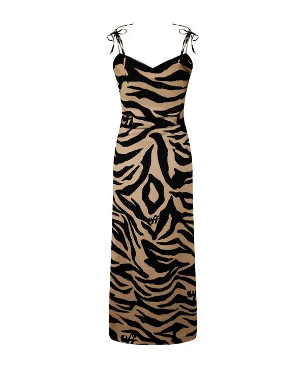 Off-White Zebra Print Midi Dress With Sweetheart Neckline