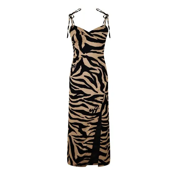 Off-White Zebra Print Midi Dress With Sweetheart Neckline