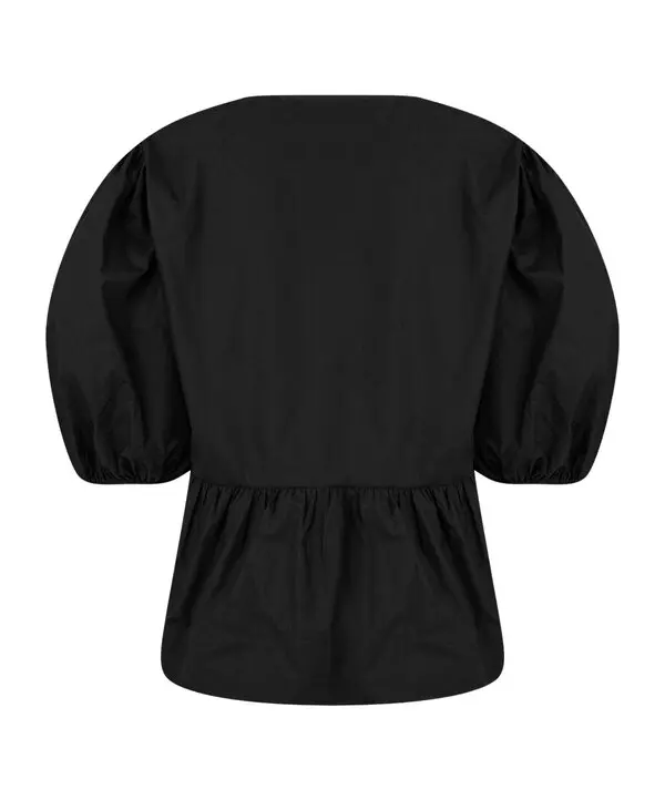 GANNI Cotton Puff Sleeve Top With Bow Detail - Black