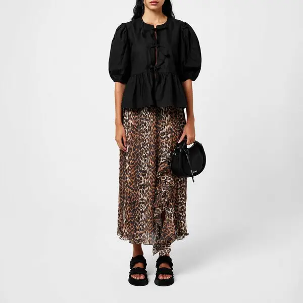 GANNI Cotton Puff Sleeve Top With Bow Detail - Black