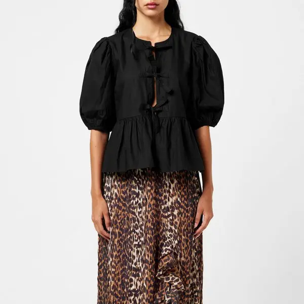 GANNI Cotton Puff Sleeve Top With Bow Detail - Black
