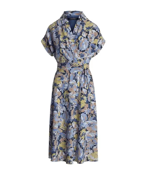 Ralph Lauren Floral Print Crepe Belted Midi Dress - Blue