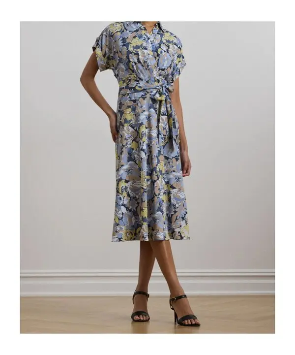 Ralph Lauren Floral Print Crepe Belted Midi Dress - Blue