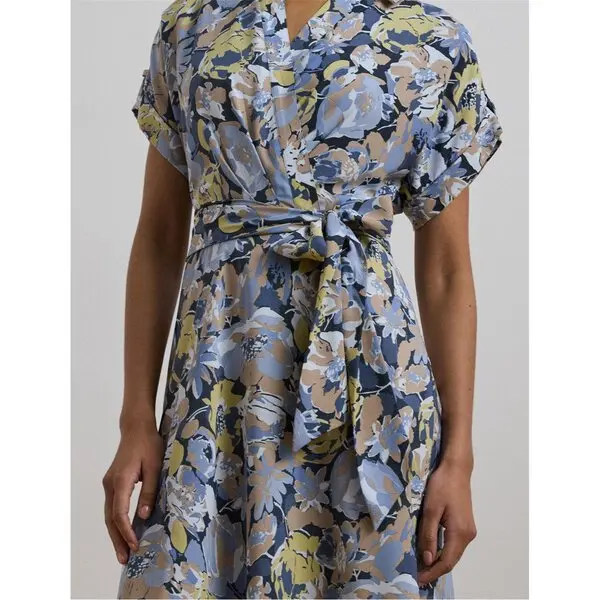 Ralph Lauren Floral Print Crepe Belted Midi Dress - Blue