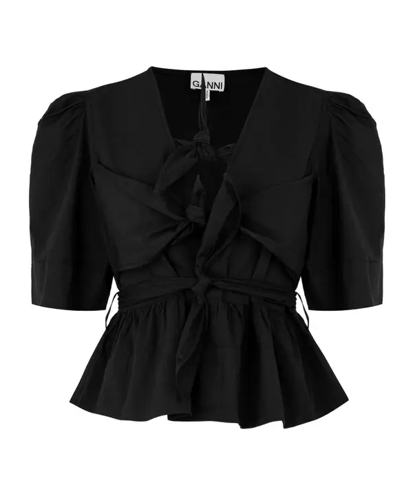 GANNI Tie Detailed V-neck Blouse - Black