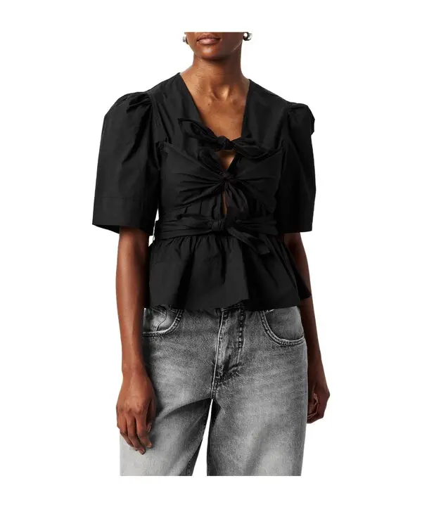 GANNI Tie Detailed V-neck Blouse - Black