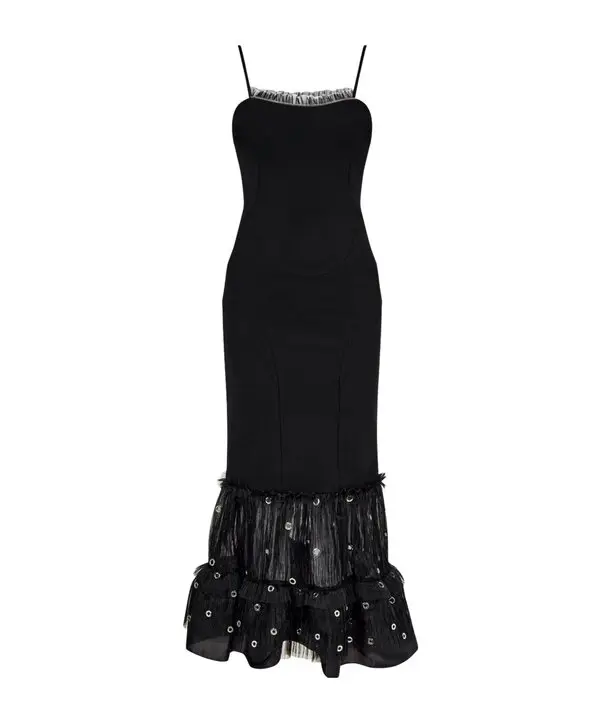 Off-White Spaghetti Strap Maxi Dress With Embellished Hem
