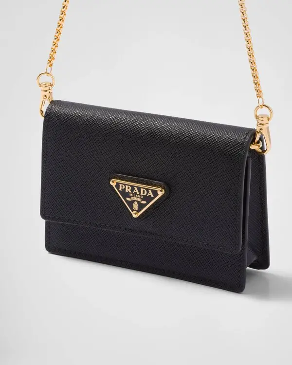 Prada Saffiano Leather Card Holder With Shoulder Strap - Black