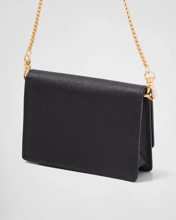 Prada Saffiano Leather Card Holder With Shoulder Strap - Black