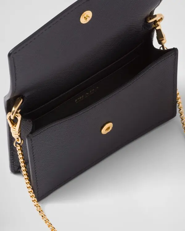 Prada Saffiano Leather Card Holder With Shoulder Strap - Black