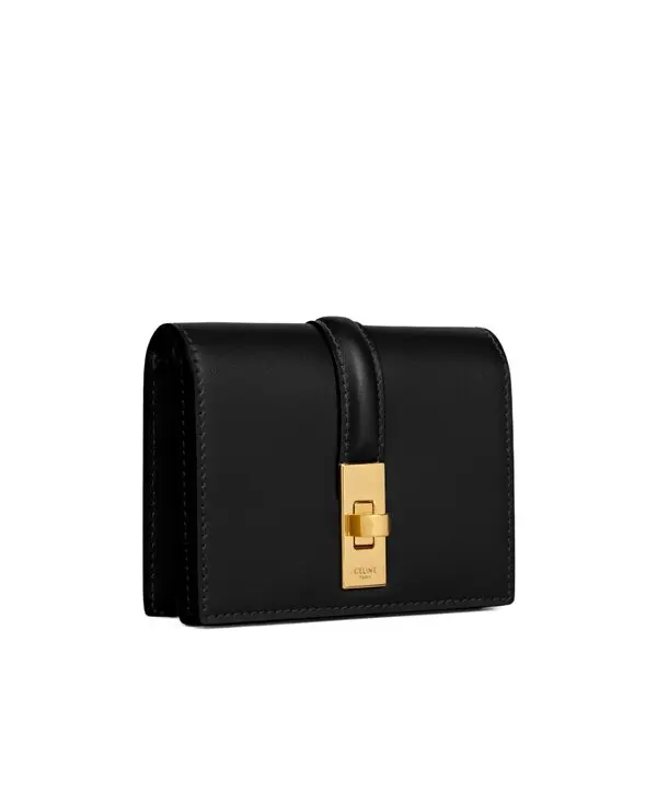 Celine 16 Card Holder With Flap In Shiny Calfskin - Black