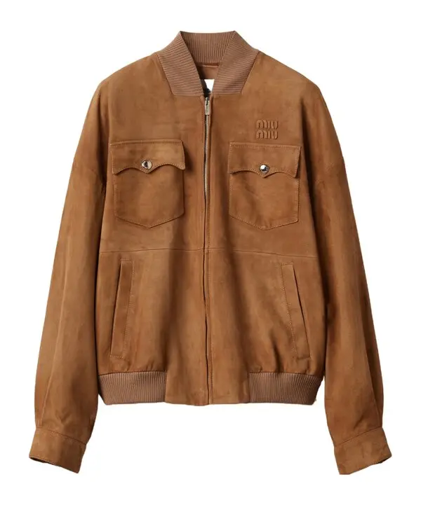 Miu Miu Suede Nappa Leather Bomber Jacket With Embossed Logo