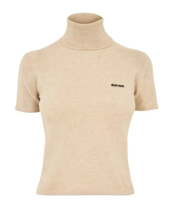 Miu Miu Short Sleeve Turtleneck Knit Top With Embroidered Logo
