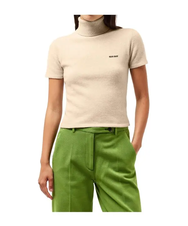 Miu Miu Short Sleeve Turtleneck Knit Top With Embroidered Logo