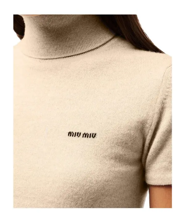 Miu Miu Short Sleeve Turtleneck Knit Top With Embroidered Logo