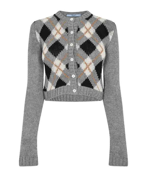 Prada Argyle Jacquard Cropped Knit Cardigan