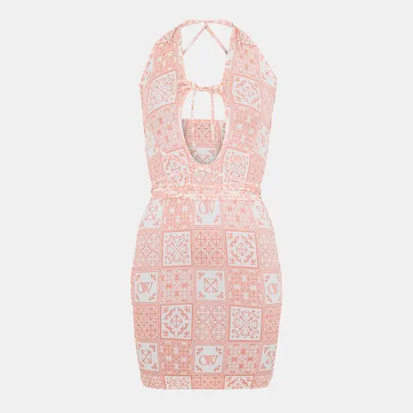 Off-White Geometric Tile Print Halterneck Mini Dress