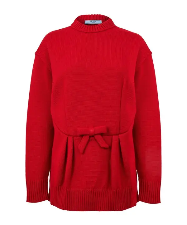Prada Mock Neck Waist-cinched Knit Sweater