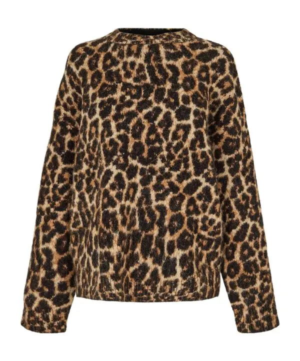 ANINE BING Leopard Print Long Sleeve Crewneck Top