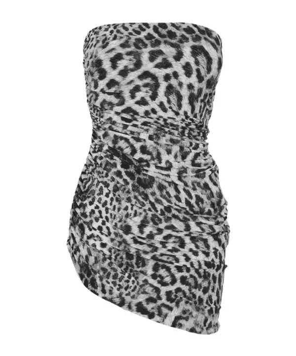 Norma Kamali Leopard Print Ruched Strapless Mini Dress