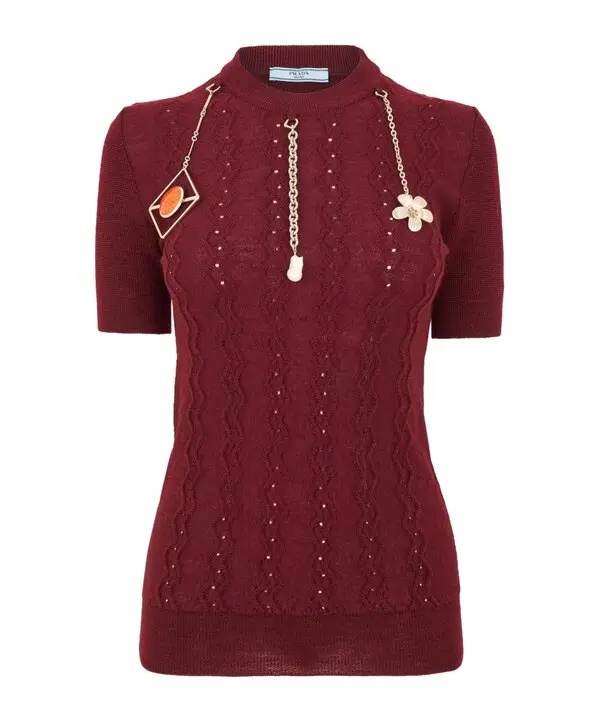 Prada High-neck Short-sleeve Knit Sweater With Jacquard And Embellishments