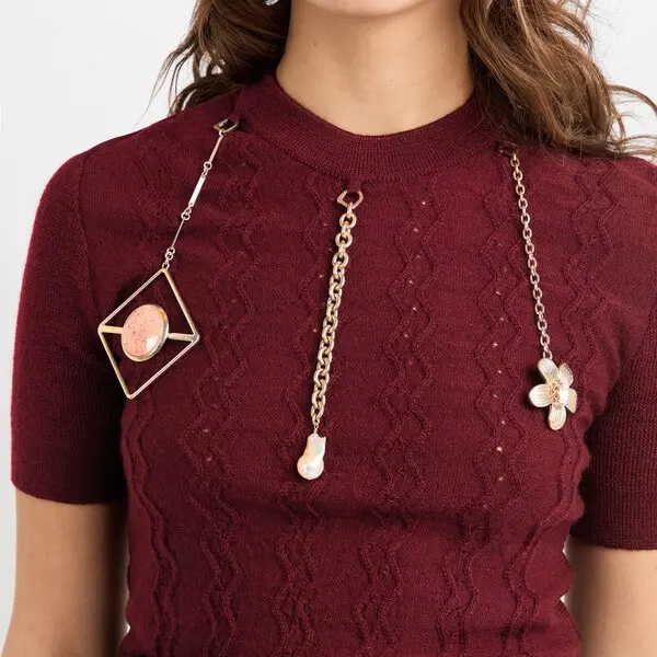Prada High-neck Short-sleeve Knit Sweater With Jacquard And Embellishments