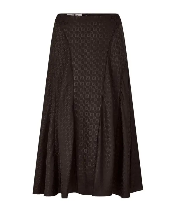 Fendi Dark Brown Monogram Jacquard Flared Midi Skirt