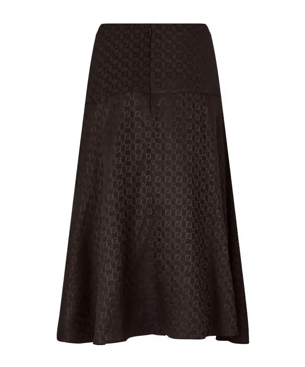 Fendi Dark Brown Monogram Jacquard Flared Midi Skirt