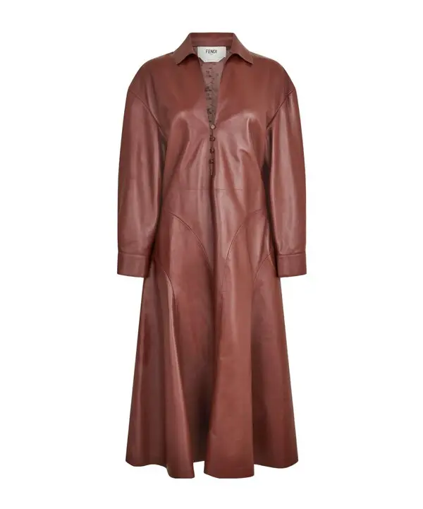 Fendi Leather Collared Long-sleeve Midi Dress - Red