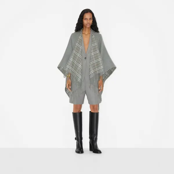 Burberry Checked Fringed Edge Reversible Cape - Gray