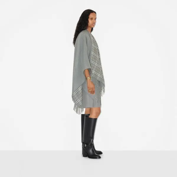 Burberry Checked Fringed Edge Reversible Cape - Gray
