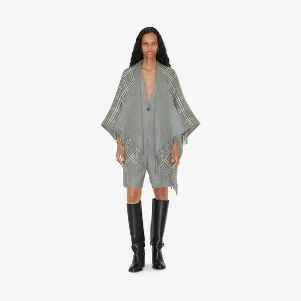 Burberry Checked Fringed Edge Reversible Cape - Gray