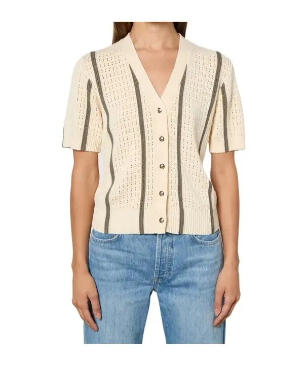 ANINE BING Short Sleeve Cardigan With Vertical Stripes - Ivory/green