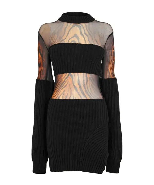 JEAN PAUL GAULTIER Black Tiger Print Mesh Knit Dress