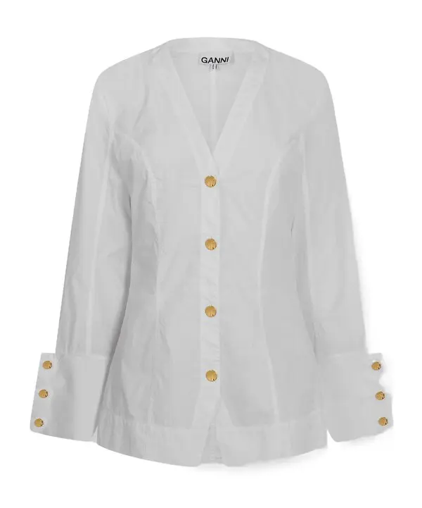 GANNI Poplin Long Sleeve V-neck Shirt