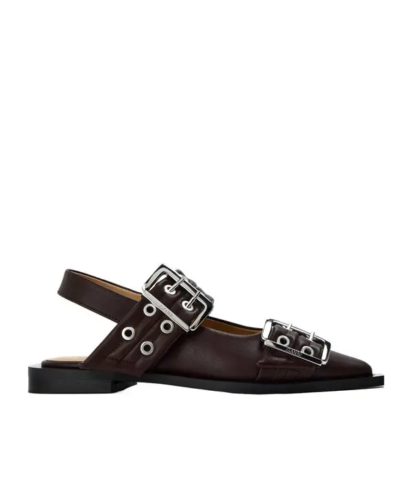GANNI Leather Slingback Flat Mules With Double Buckle Straps