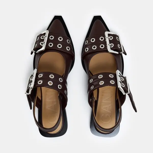 GANNI Leather Slingback Flat Mules With Double Buckle Straps